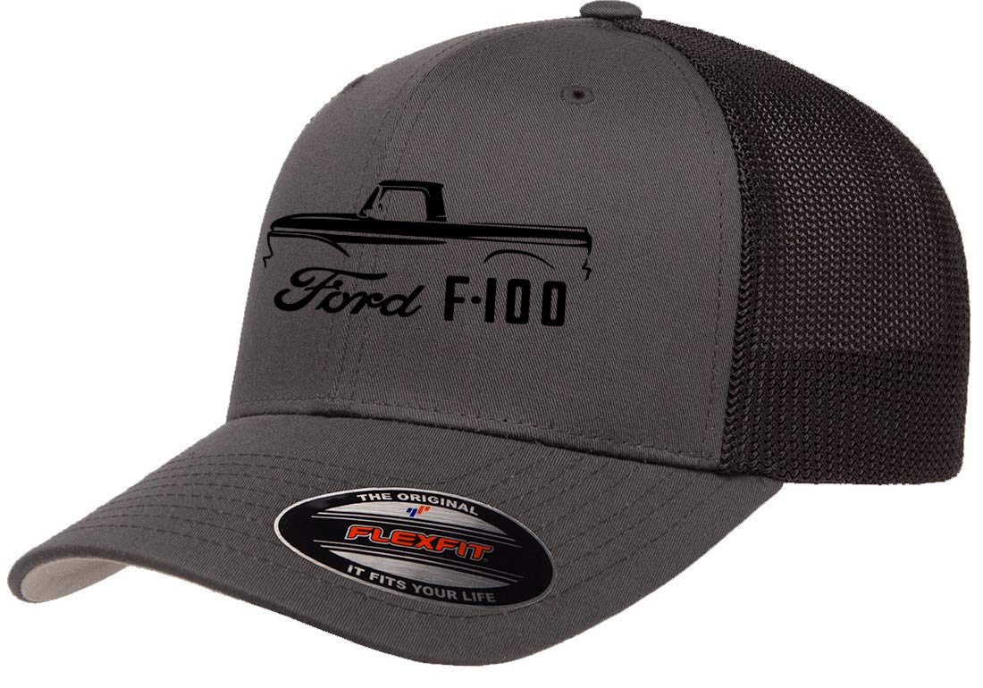 1961-66 Ford F100 Pickup Truck Outline Design Flexfit Trucker Mesh Fitted Cap Grey/Black