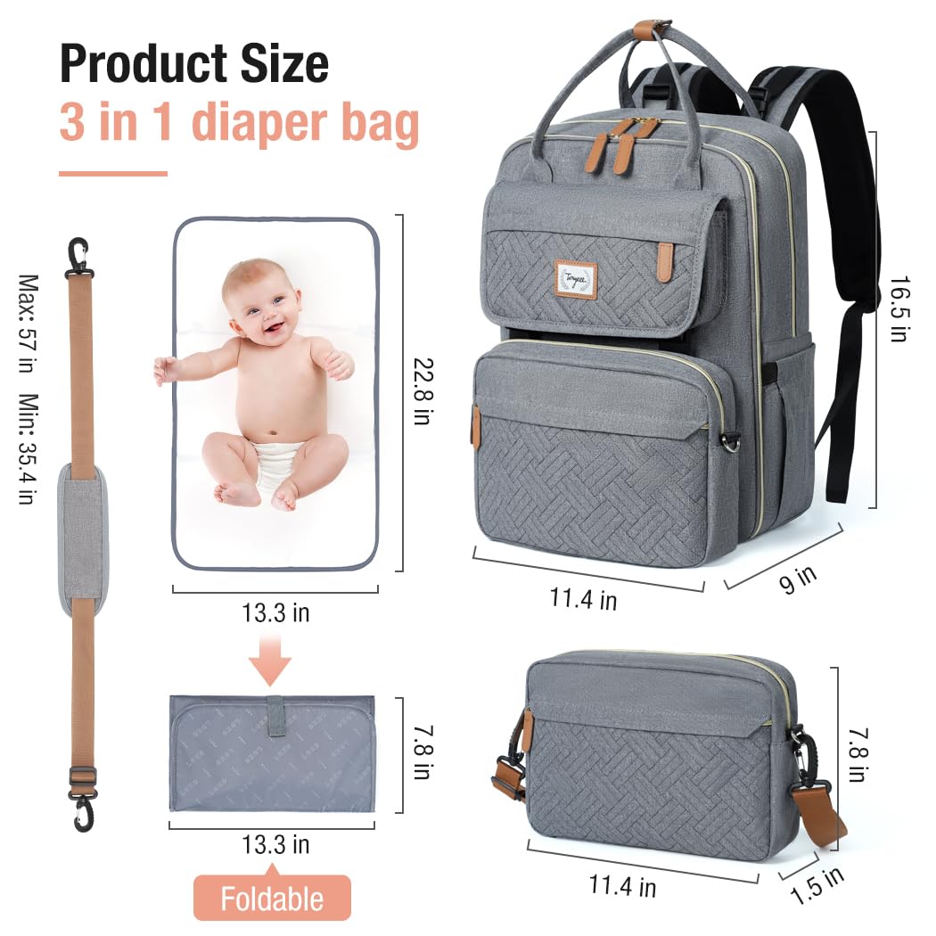 Tonyeee Diaper Bag Backpack- Removable Cross Body Bottle,Travel Essentials Baby Bag with Extras Cooler Bag and Changing Pad,Stylish Nappy Bag-Grey
