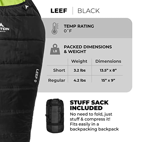 TETON Sports Leef Mummy Sleeping Bag - Lightweight Sleeping Bag for Backpacking, Camping, and Hiking - Cold-Weather Sleeping Bag - Camping Accessory with Drawstring Compression Sack - Long 0℉, Black