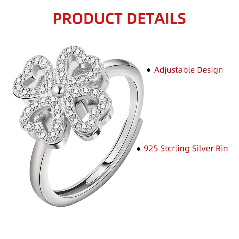 YJZON Anxiety Ring for Women,925 Sterling Silver Adjustable Ring,Fidget Rings Four-leaf Clover Spinner Ring with Jewelry Gift Box