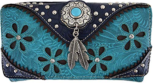Tooled Leather Laser Cut Concealed Carry Purses Feather Country Western Handbags Shoulder Bags Wallet Set blue