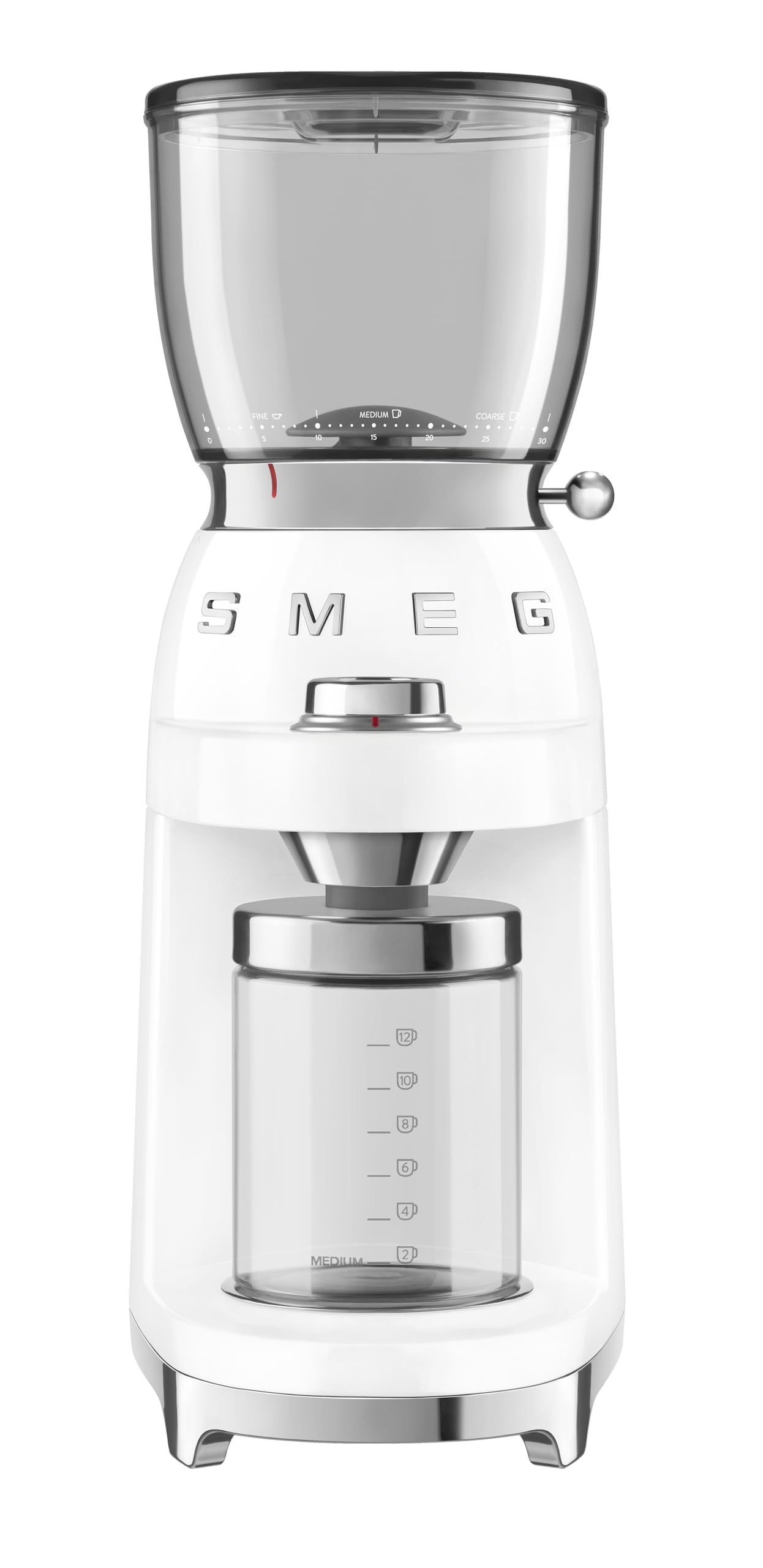 Smeg CGF01WHUK Coffee Grinder, Aluminium Construction, 50's Retro Style, 8 Programme Settings and 3 Grinding Grades, White