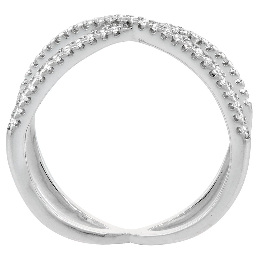 Sterling Silver Cubic Zirconia Criss Cross Ring Micro pave 3/8 inch wide, size 8