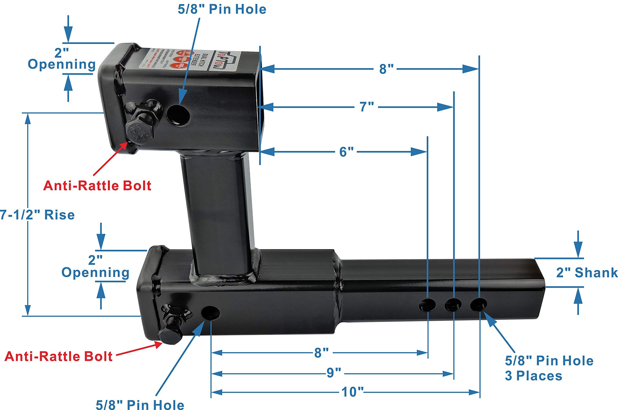 TOPTOW 64131HL Dual Hitch Extension with Hitch Lock, Fits for 2 inch Receiver, Extender to 10 inch Max. Length & 7-1/2" Riser