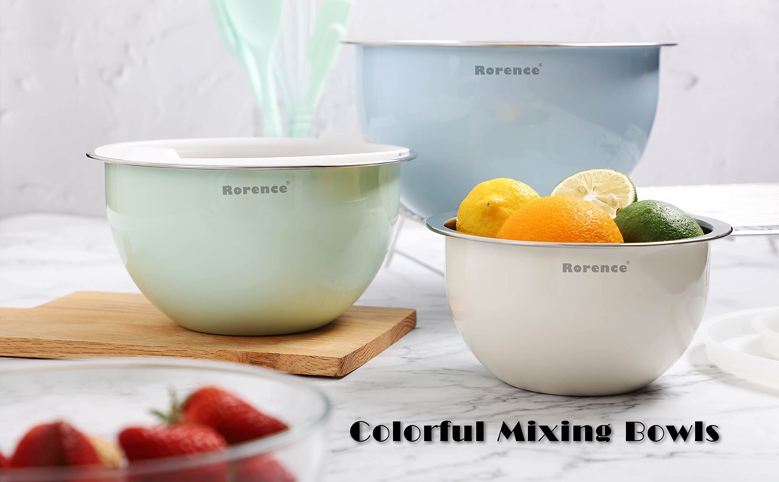 Rorence Stainless Steel Mixing Bowls with Lids: Stackable Colorful Mixing Bowls for Kitchen – Set of 3 include 1.5 Qt, 3 Qt, 5 Qt
