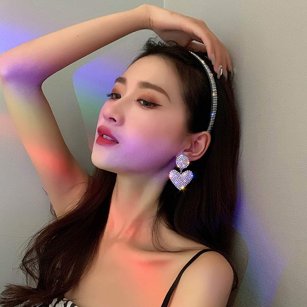 Xerling Full Clear Rhinestones Love Heart Drop Dangle Hoop Earrings Sparkling Glitter Jewelry Crystal Stud Earrings for Wedding Party