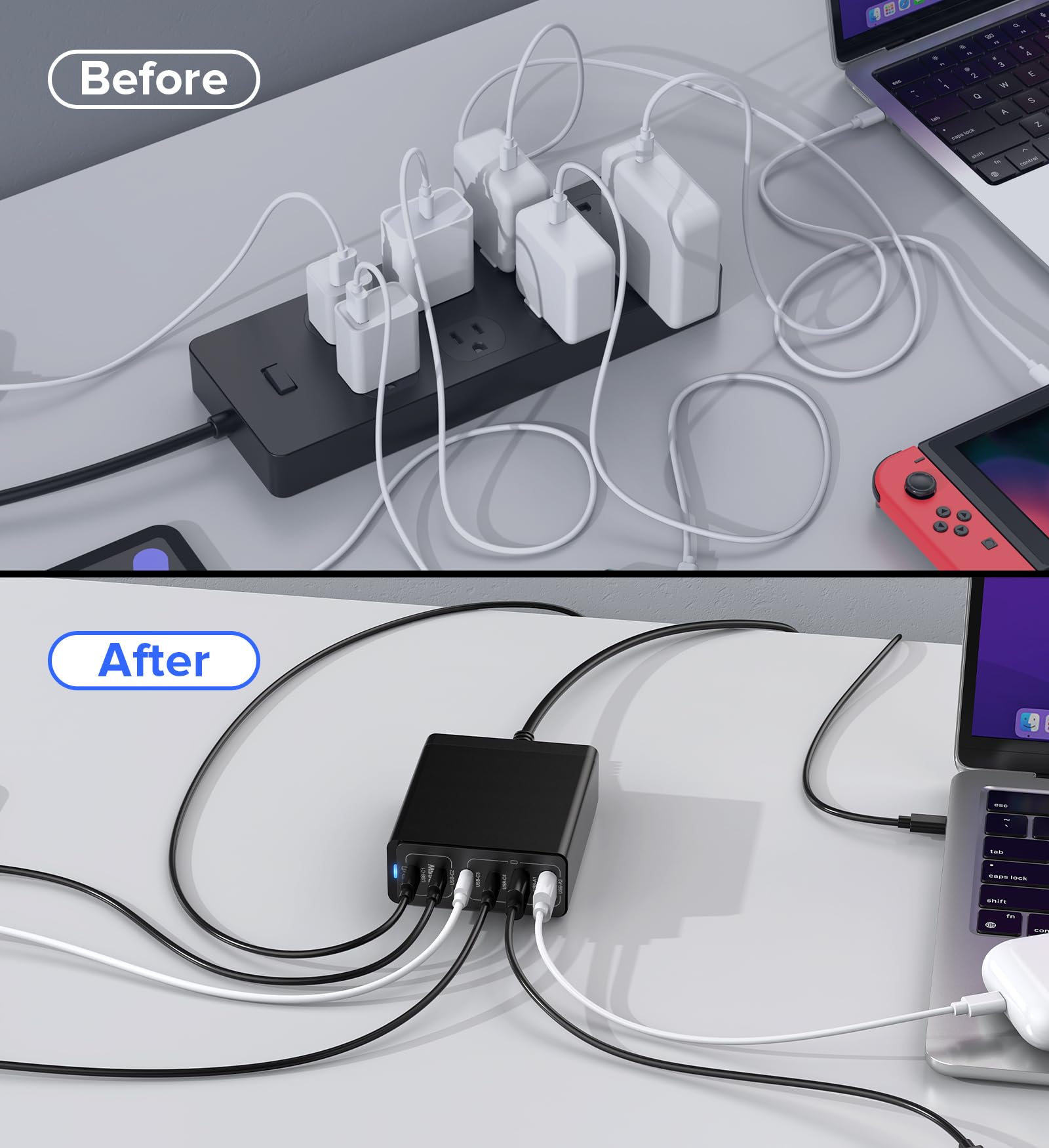 USB C Fast Charger, 165W GaN 6 Port PD USB C with QC USB A Charging Station Hub Block, Type C Laptop Power Adapter for MacBook Pro/Air, iPad Pro/Air, iPhone 11 12 13 14 15, with 2Pack 6.6ft Cable