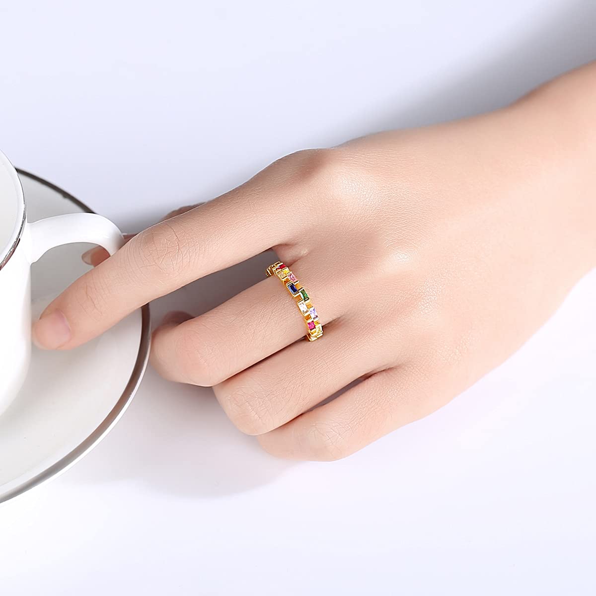 TEEMI-Eternity 18K Gold Plated Rainbow Colorful Cubic Zirconia Emerald Cut Eternity Ring Band Bling Ring (7)