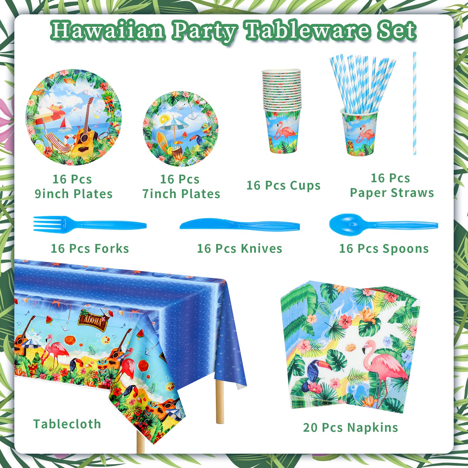SelfTek Hawaiian Tropical Luau Party Decorations Supplies, 133 Pcs Aloha Birthday Disposable Dinnerware Set (16 Guests) With Tablecloth, Plates Cups Napkins Fork Knives Spoon for Beach Party
