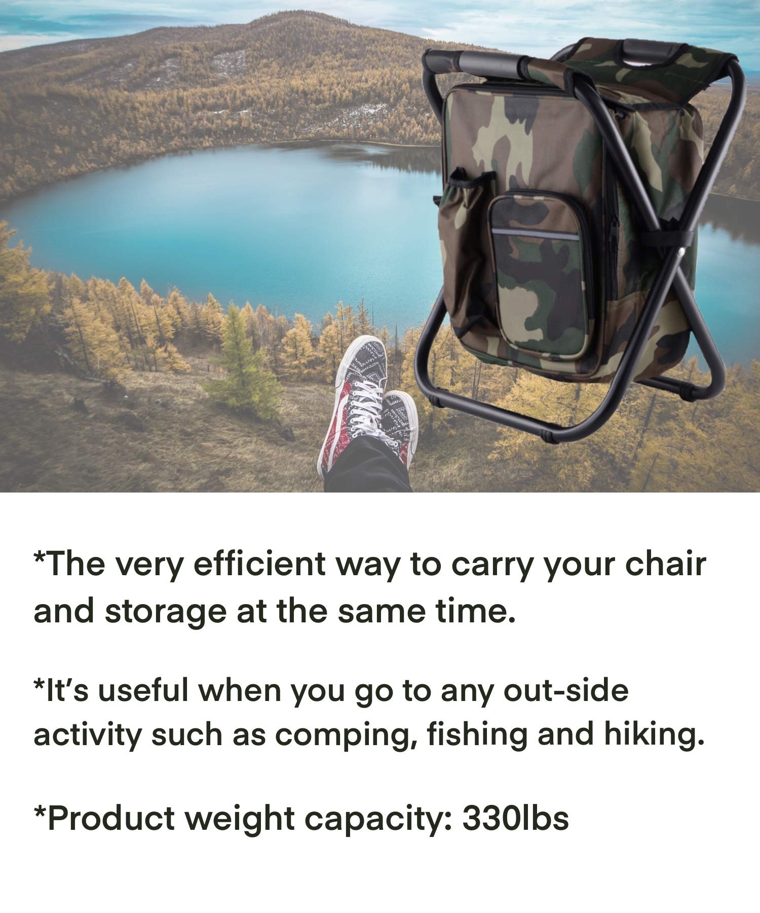 Strut-one Foldable Camping Chair with Cooler Bag, Backpack Chair Camouflage Stool, Portable Leisure Ice Bag Chair Picnic Bag, Hiking, Fishing, Beach, Camping