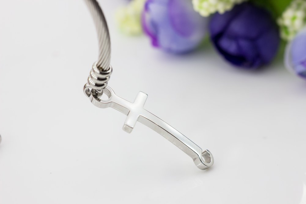 WDSHOW Sideways Cross Bracelet Cuff Bangle Stainless Steel Silver-Tone