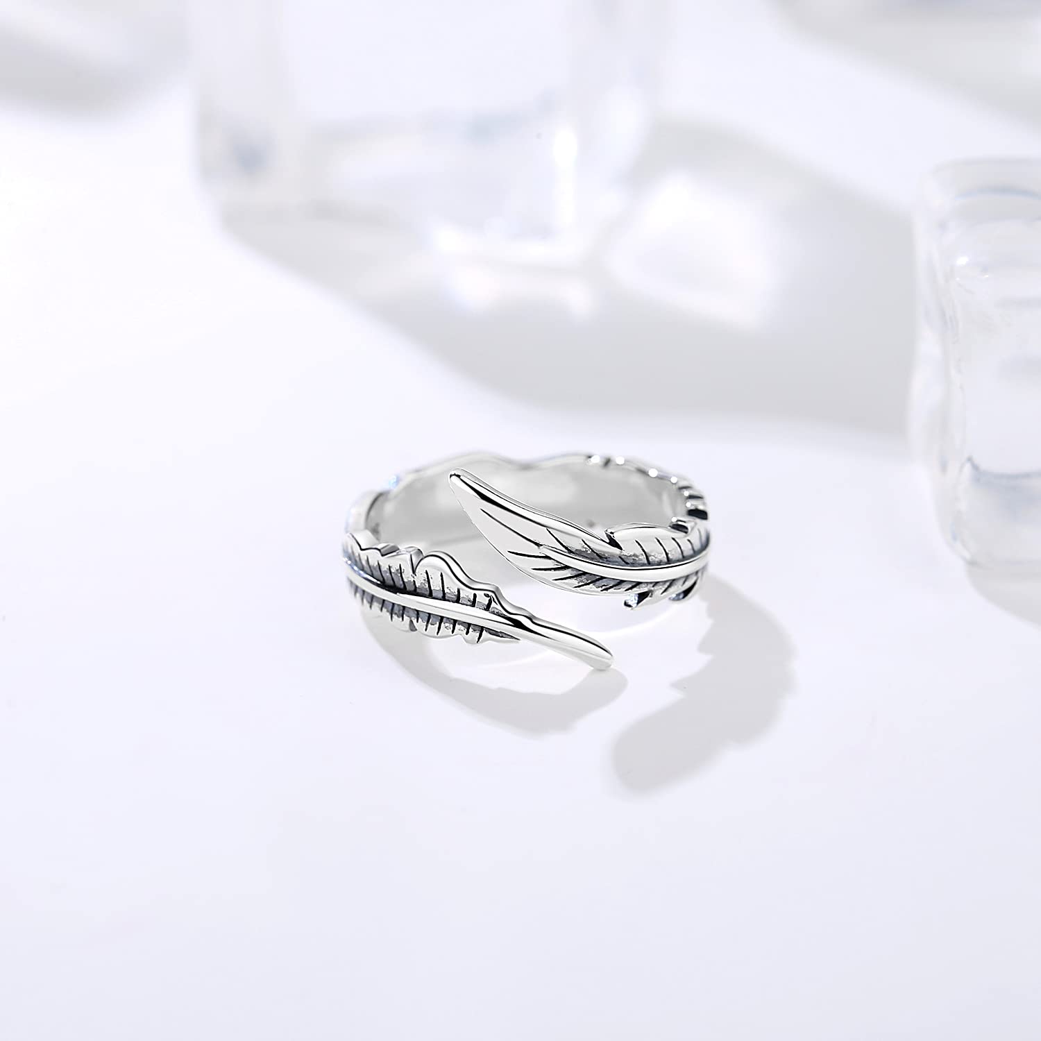 YLT 925 Sterling Silver Adjustable Feather Leaf Rings Vintage Statement Dainty Wrap Open Thumb Ring for Women Men