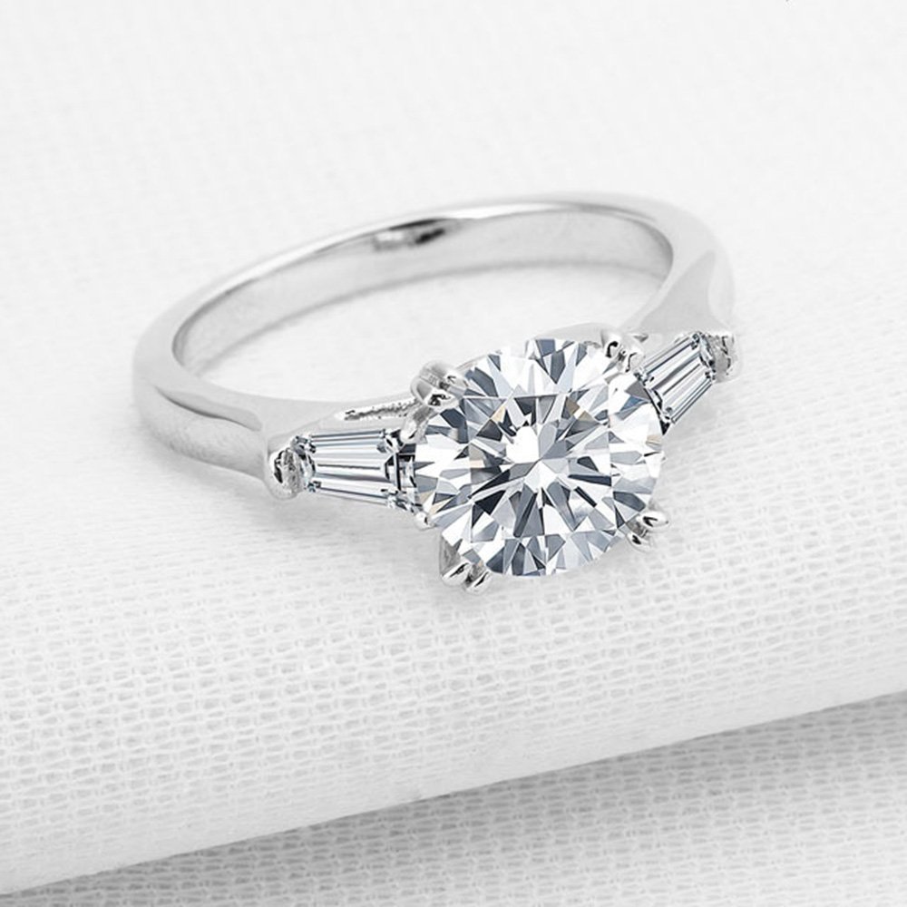 Sterling Silver 2 Carat CZ Baguette Round Solitaire Engagement Ring Bridal Wedding Jewelry