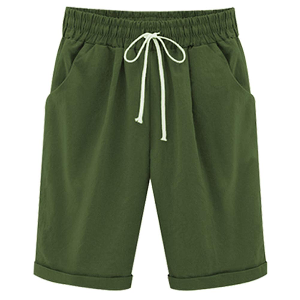 XinYangNi Women's Casual Cotton Fit Curled Cuffs Summer Elastic Waist and Drawstring Hiking Shorts Army Green US 4-6
