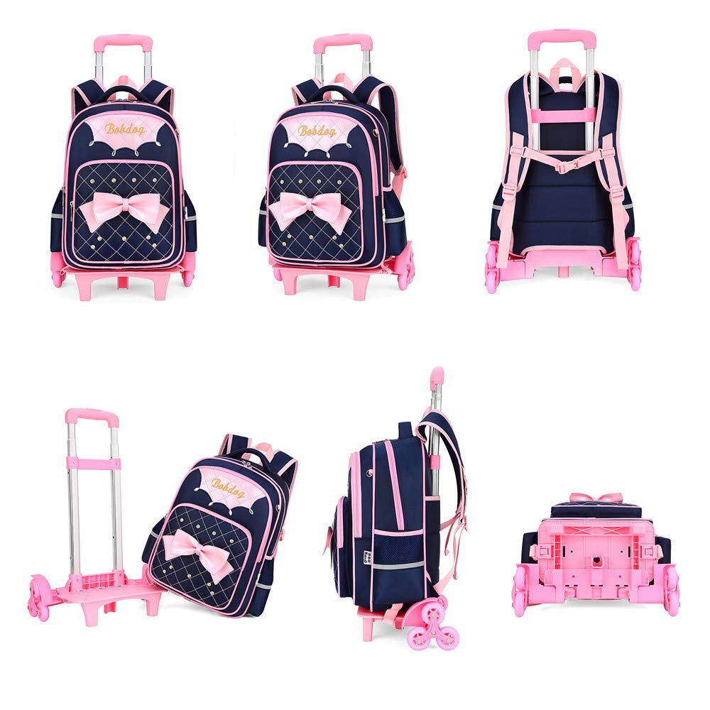 VIDOSCLA Cute Print Bowknot Trolley Backpack Elementary Middle School Rolling Bag Wheeled BookBag for Kids Girls