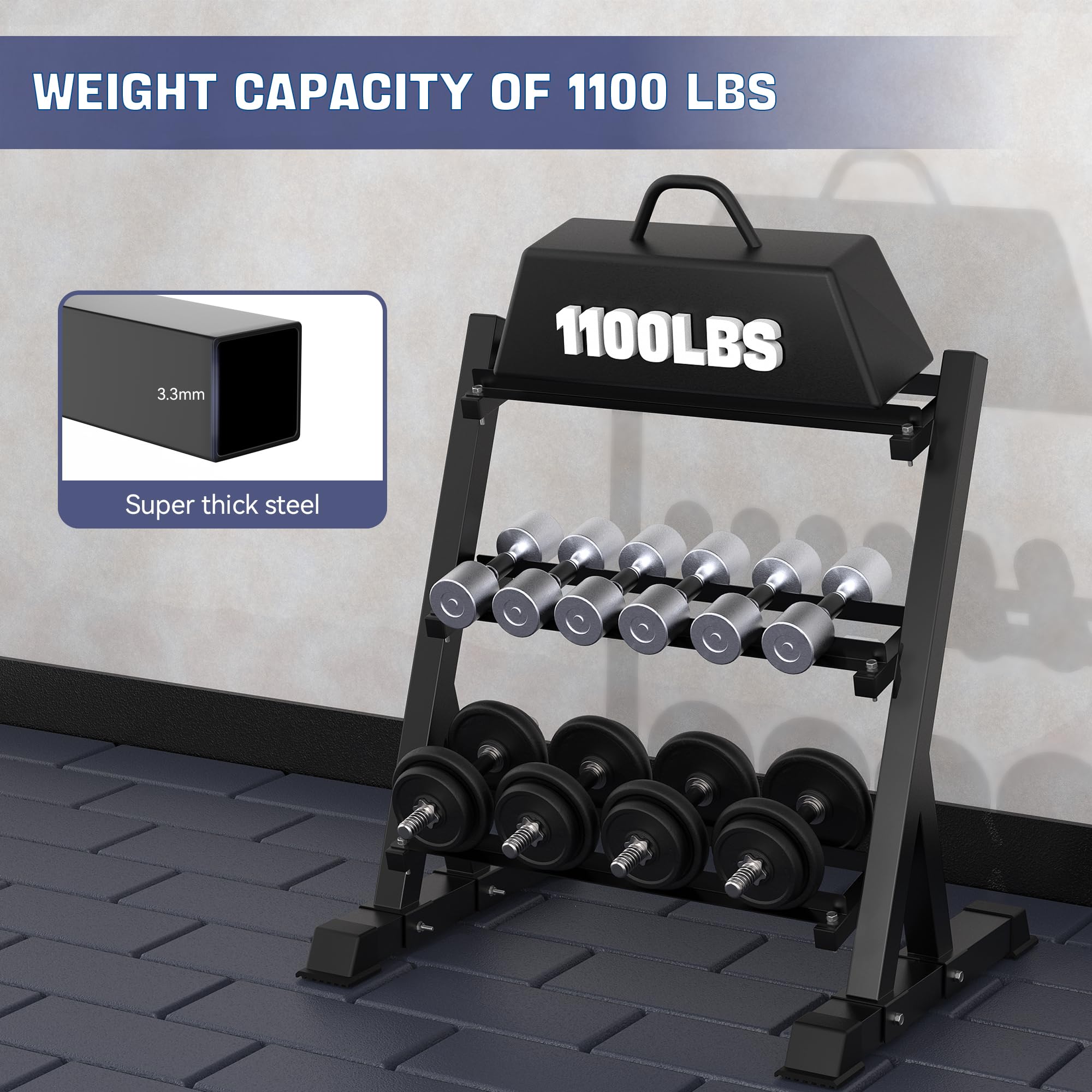 TNINE 1100LBS Dumbbell Rack, 3-Tier Weight Rack for Home Gym, Adjustable Weight Storage Organizer, Heavy Duty Dumbbell Storage Stand Holder (Rack Only)
