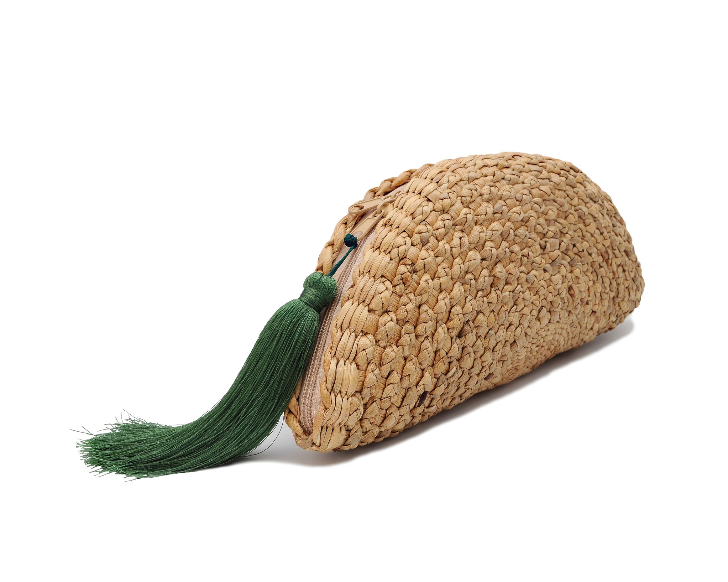 Vintage Handmade Knit Bamboo Rattan Straw Clutch Bag/Handbag With Green Tassels Drop