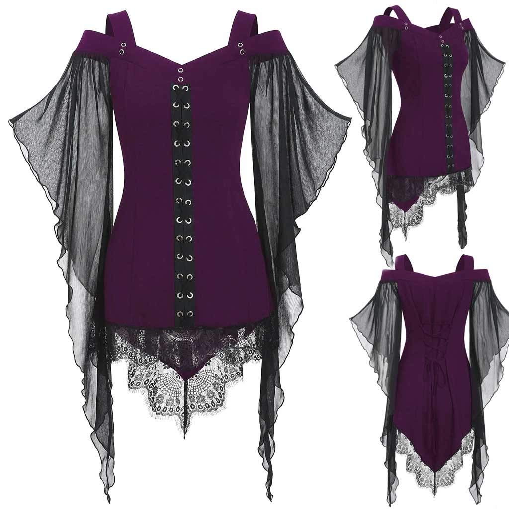 Women Gothic Criss Cross Lace Insert Butterfly Sleeve T-Shirt Plus Size Tops Purple