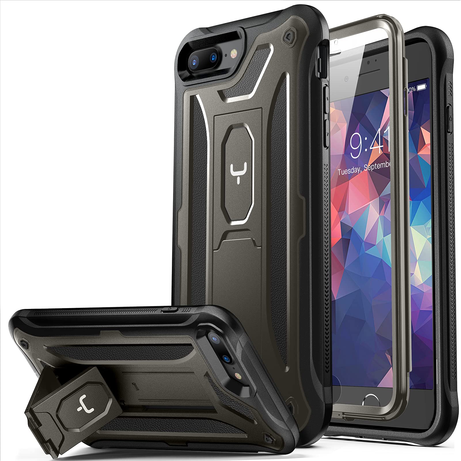 YOUMAKER iPhone 8 Plus Case, iPhone 7 Plus Case, Built-in Screen Protector Kickstand Full Body Heavy Duty Shockproof Cover for iPhone 8 Plus & iPhone 7 Plus 5.5 inch - Gun