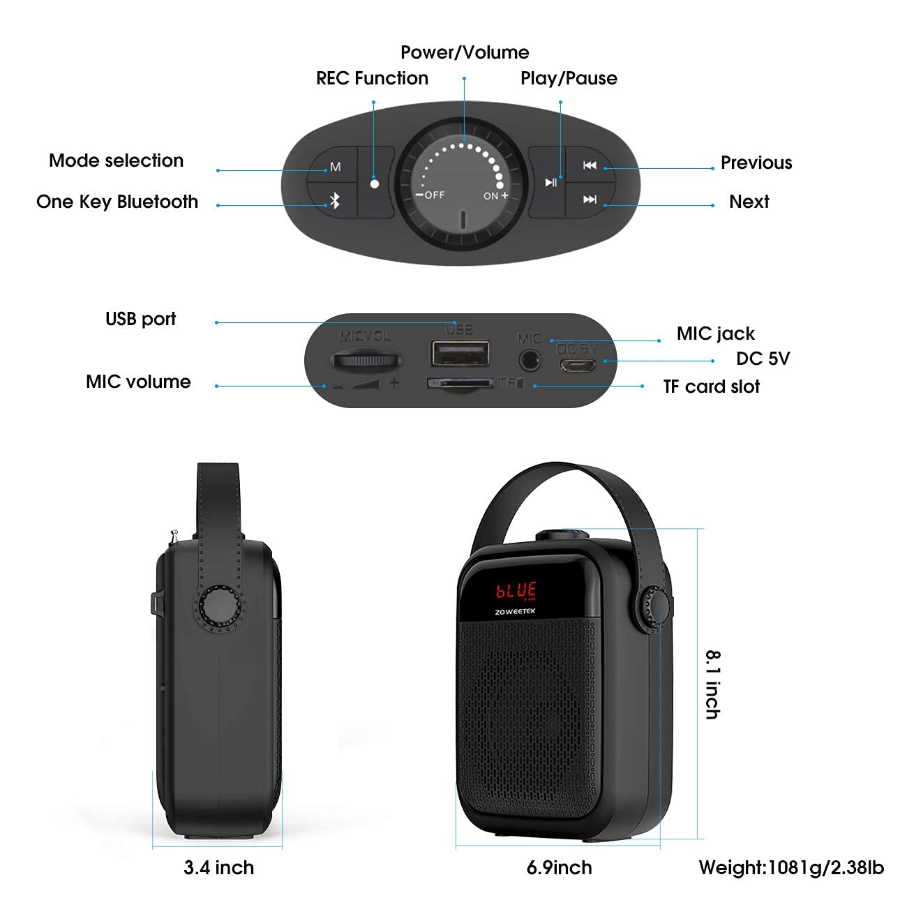 ZOWEETEK wireless voice amplifier for teachers with 2 Microphones,25W Portable voice amplifier buletooth PA system Speaker for Classroom, Meetings,Speech and Outdoors