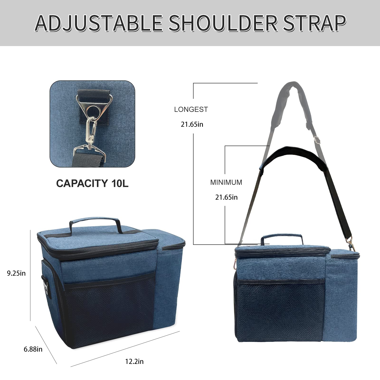 TOP&TOP Blue 13"L x 7"W x 9"H Reusable Lunch Box with 6mm Insulation Foam - Leakproof, Easy to Clean, Adjustable Shoulder Strap, Holds 3 Containers, Mesh Pockets