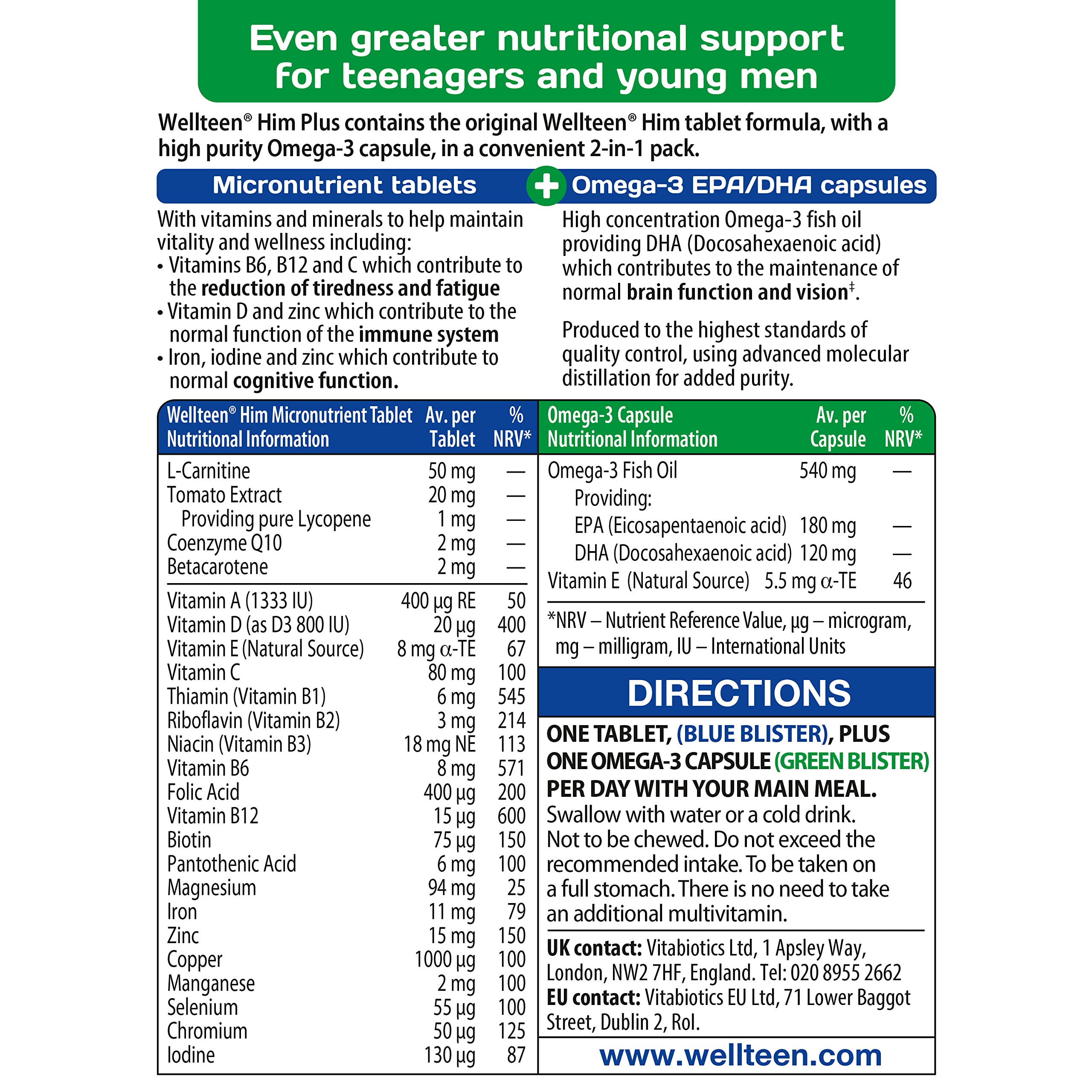 Vitabiotics Wellteen Him Plus Omega-3 - Maximum Nutritional Support for Teenagers and Young Men Ages 13-19 - 56 Tablets and Capsules