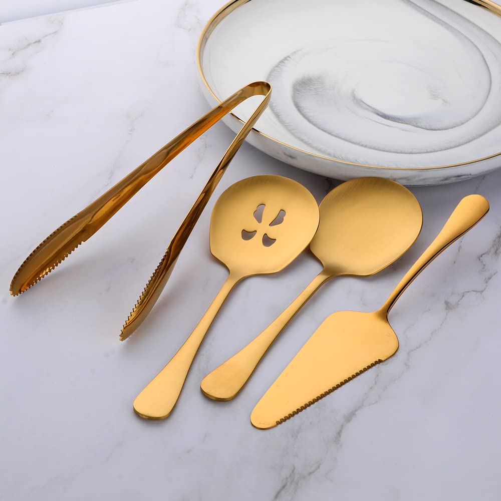 TUPMFG Serving Spoons Set - Stainless Steel Serving Utensils Includes Serving Spoons, Slotted Spoons, Tongs and Cake Server for Buffet Party Gold