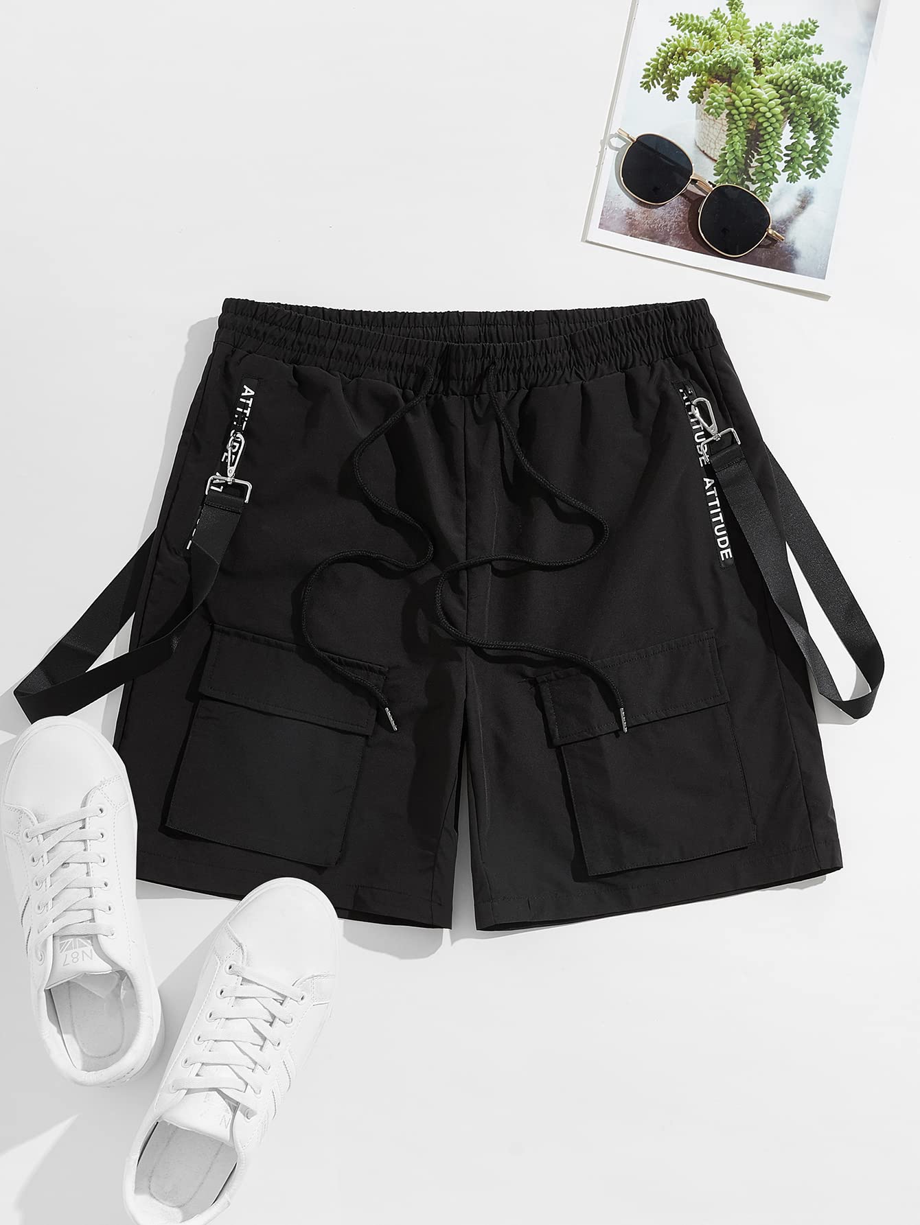 Verdusa Men's Casual Pocket Front Drawstring Waist Cargo Shorts Black S