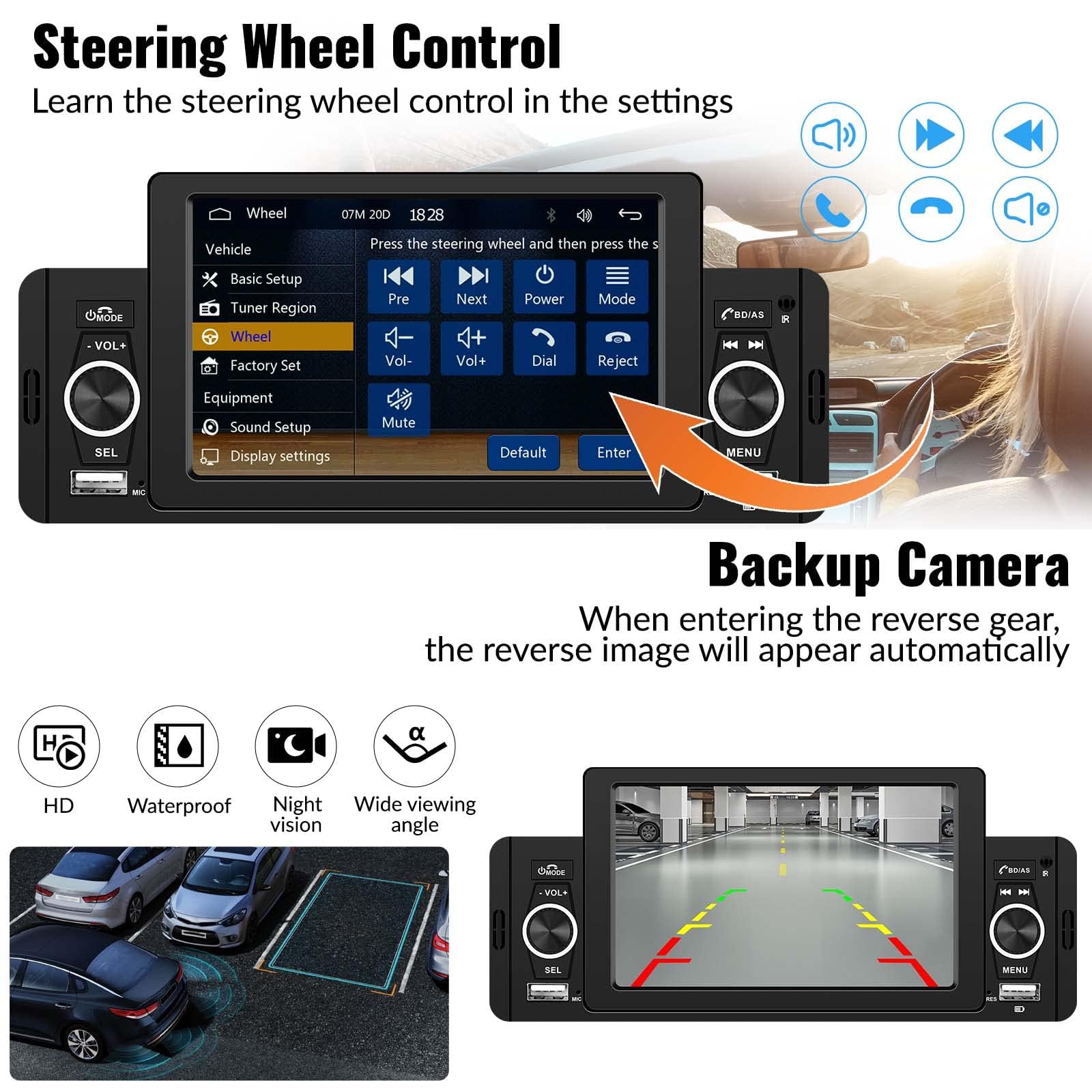Single Din Car Stereo with Apple CarPlay Android Auto Voice Control 5 Inch Touchscreen Bluetooth Car Radio Mirror Link FM Radio EQ Dual USB Fast Charge SWC + Backup Camera, Mic, Remote Control