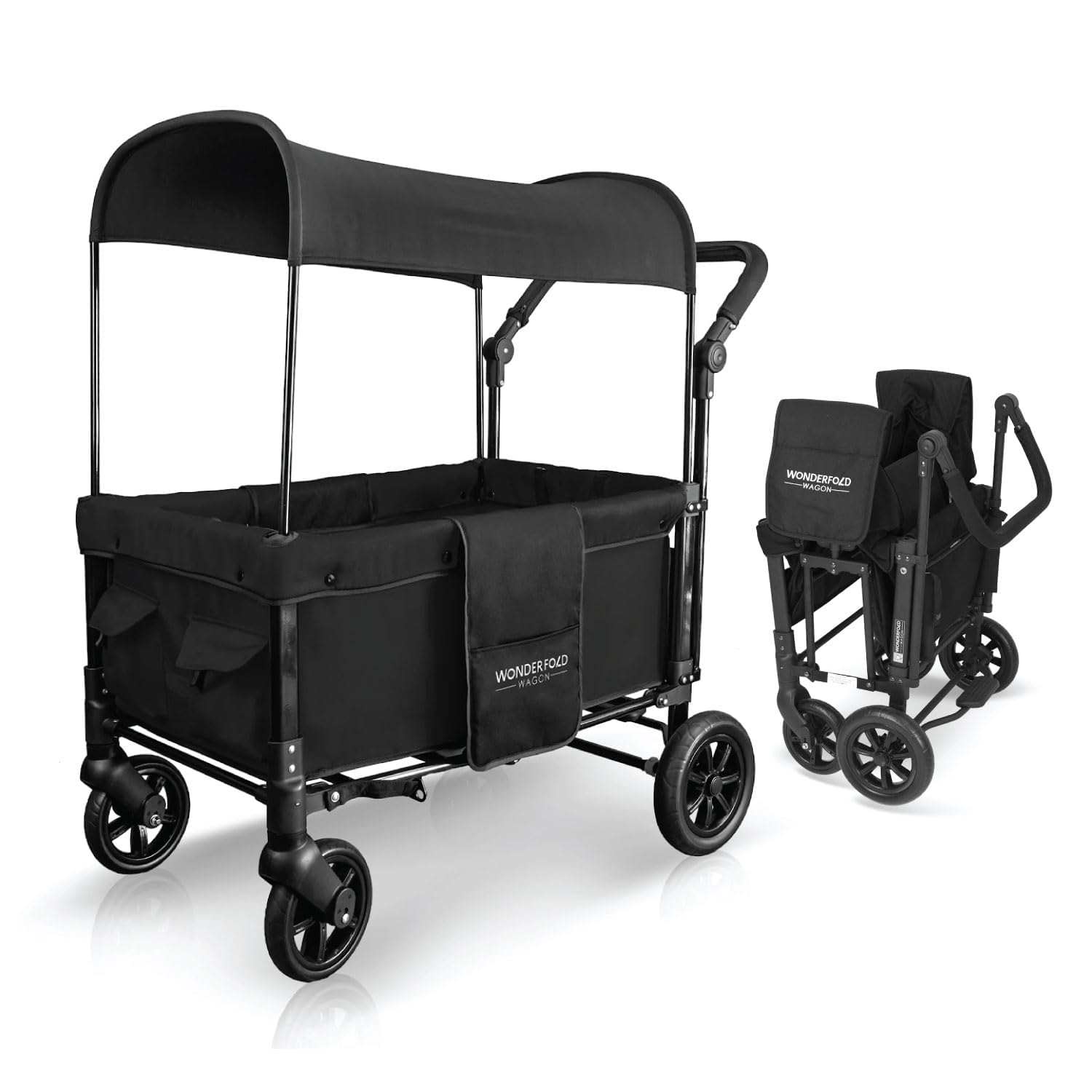 WONDERFOLD W1 Original Double Stroller Wagon (2 Seater) - Collapsible Wagon Stroller with Seats with 5-Point Harnesses, Adjustable Push Handle, and Sun Canopy, Gray