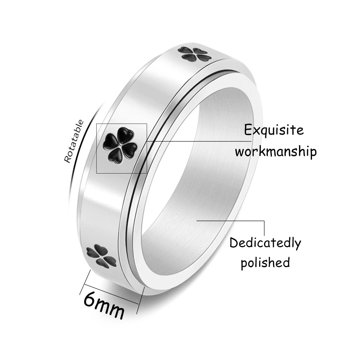 yomlry Fidget Ring Stainless Steel Four-leaf Clover Spinner Ring for Anxiety Stress Relieving Rotating Ring for Men Women clover 9