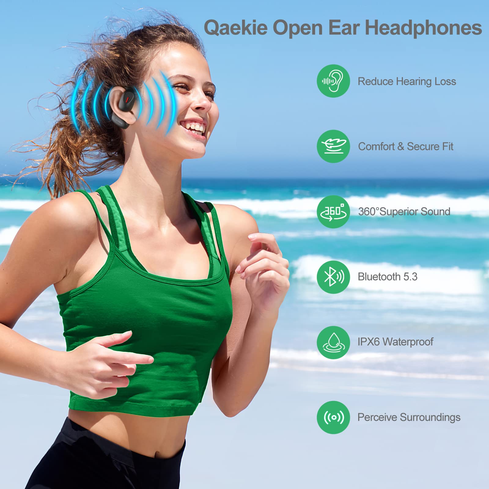 Qaekie Bluetooth 5.3 Wireless Headphones - HD Mic, Open Ear Ture Earbuds, Immersive Sound, 40hrs Playtime, Sweatproof Sport Earbuds for Running