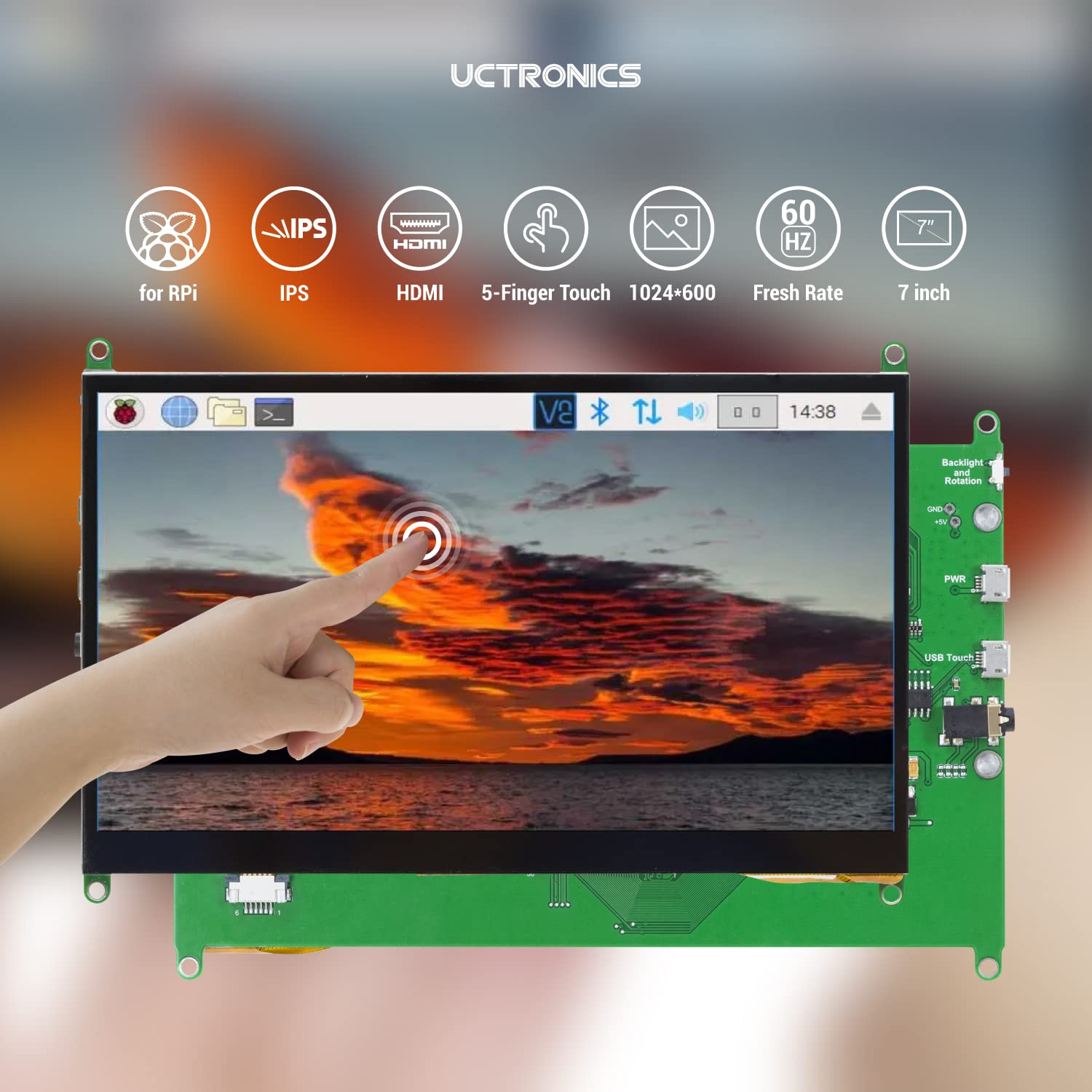 UCTRONICS 7 Inch IPS Touch Screen for Raspberry Pi 4, 1024×600 Capacitive HDMI LCD Touchscreen Monitor Portable Display for Raspberry Pi 4 B, 3 B+, Windows 10 8 7 (Free Driver)