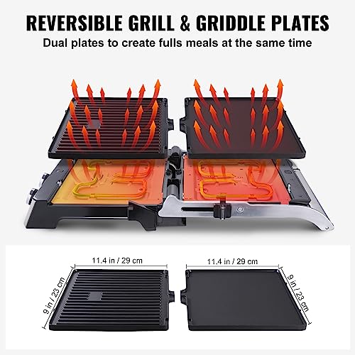 VEVOR Electric Contact Grills, 1500W Indoor Countertop Panini Press Griddle, Sandwich Maker with Non Stick,2 Reversible Iron Cooking Plates,0-446β Adjustable Temperature Control,Timer Function,120V