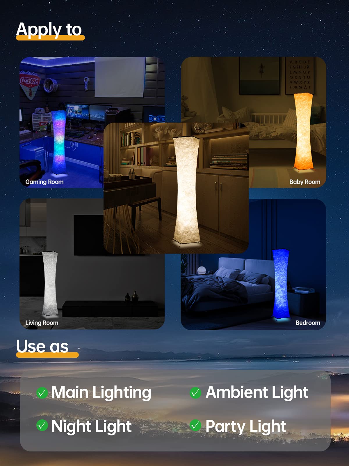 UVII RGB Floor Lamp with Remote, 62" Color Changing LED Lamp Remote Control, Dimmable Standing Lamp for Living Room, Bedroom, Gaming Room, Modern Soft Light