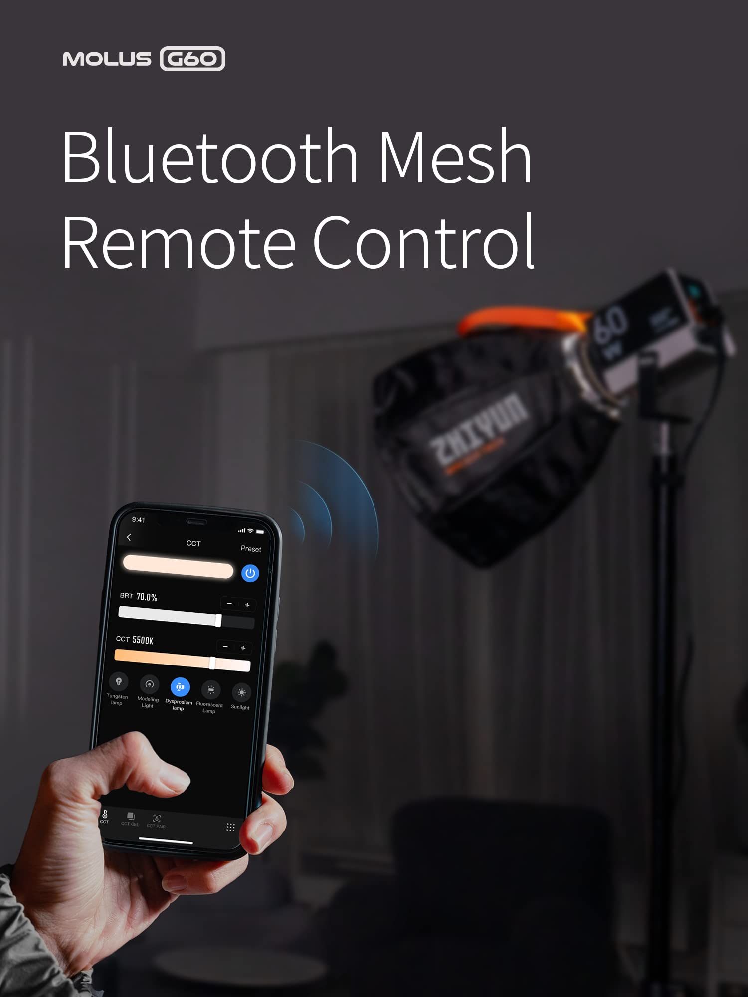 ZHIYUN Molus G60, Bi-Color Video Light, 300g Portable 60W COB LED Continuous Output Lighting, CRI≥96, TLCI≥97, Bluetooth App Control, ZY Mount Ecosystem DC/PD Power Supply