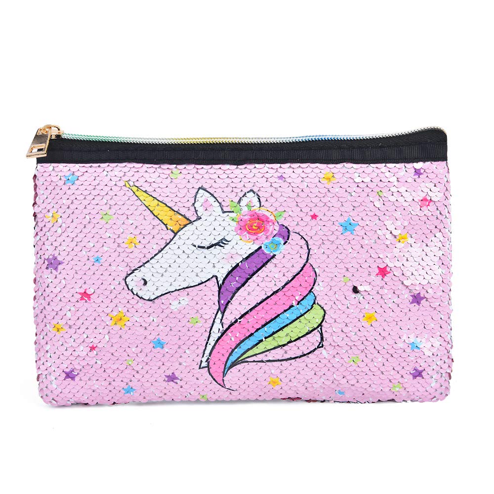 WERNNSAI Makeup Bag - Reversible Sequin Cosmetic Bag Sparkly Pink Zipper Vanity Toiletry Bag Pouch Purse for Girls Women Travel Birthday Christmas Gift