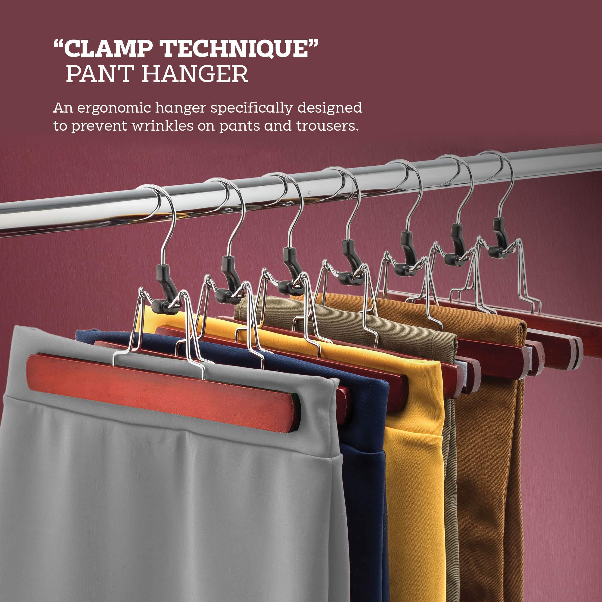 ZOBER High-Grade Wooden Pants Hangers with Clips, 10 Pack, Non-Slip, Space Saver, Rotatable 360 Hook, Smooth Cherry Wood Finish