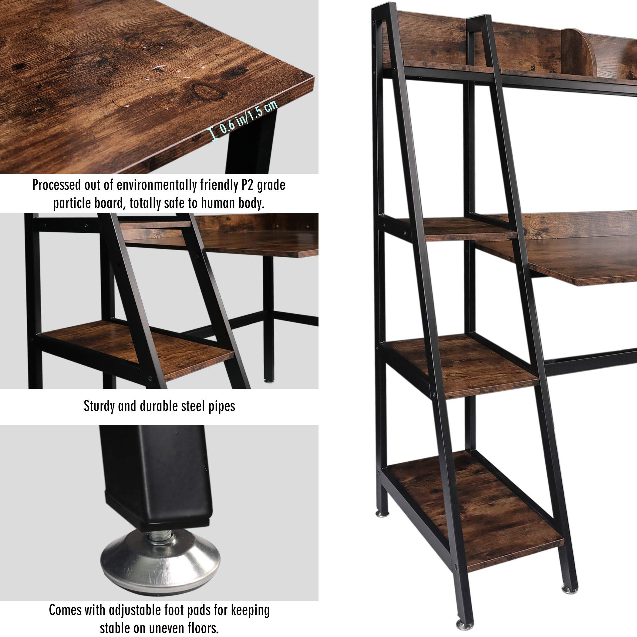 Tektalk Computer Desk with 4 Ladder Shelf Top Shelf Bookshelf Workstation Steel Frame Retro Writing Desk Study Laptop Table for Home&Office β Rustic Brown