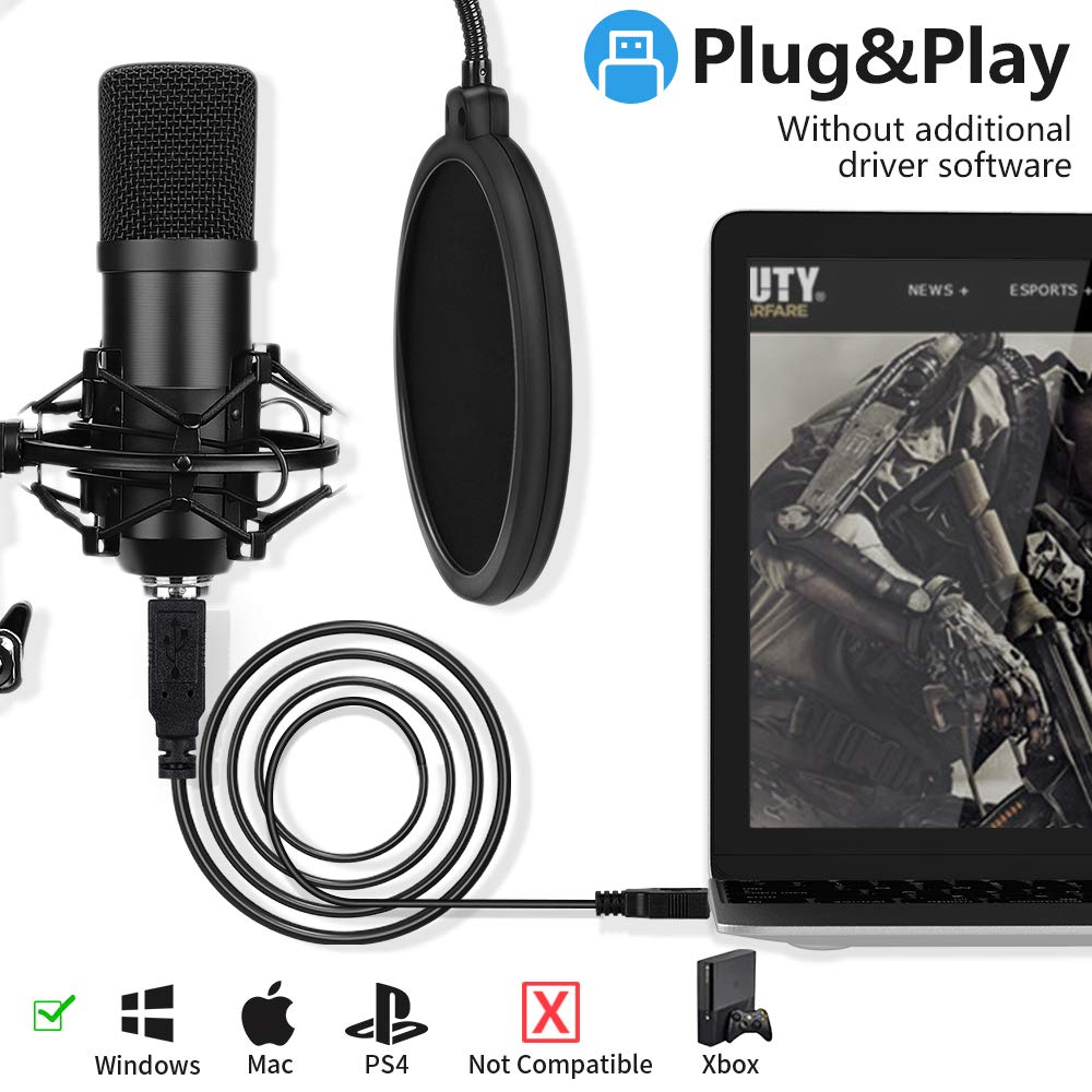 USB Condenser Microphone, Travor 192KHZ/24Bit Plug & Play PC Streaming Mic, USB Microphone Kit with Professional Sound Chipset Boom Arm Set, Studio Cardioid Mic for Recording YouTube Gaming Podcasting