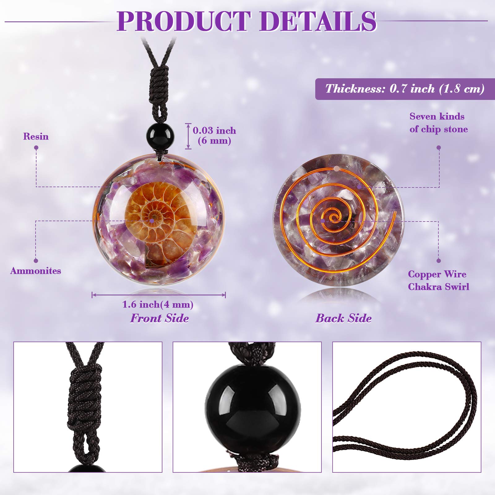 Yaomiao 2 Pieces 7 Chakra Stone Reki Healing Crystal Energy Pendant Gemstone Amethyst Resin Ammonites Spiral Necklace