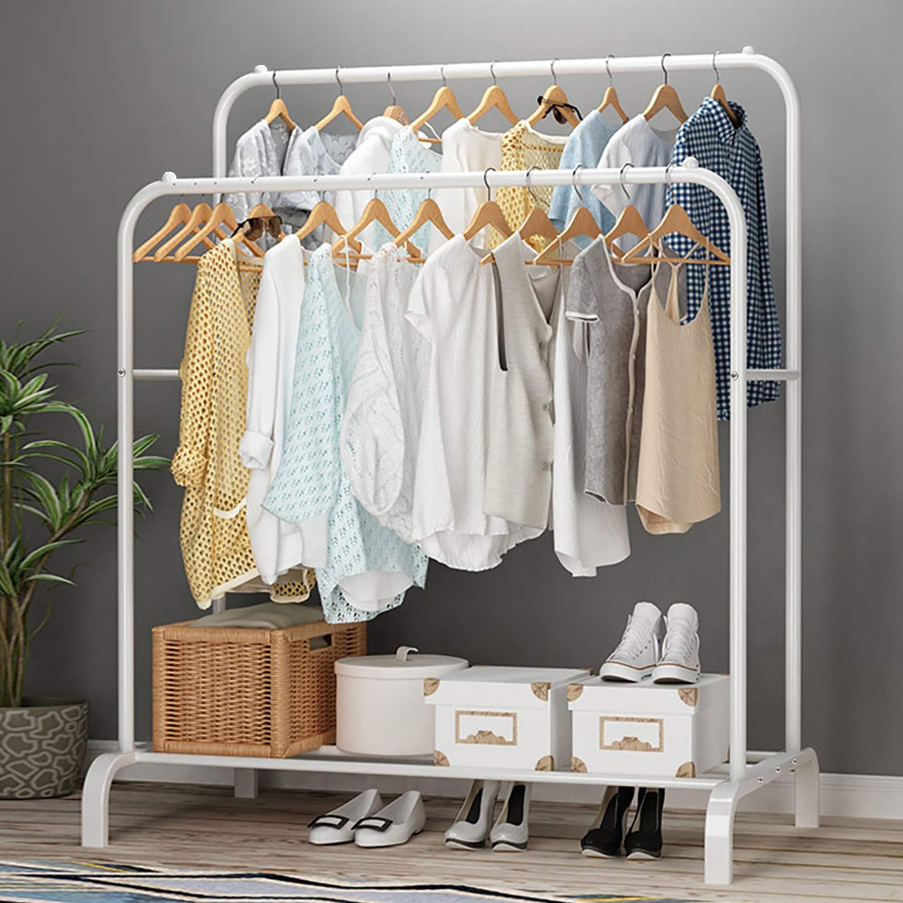 UDEAR Garment Rack,43.3 Inches Freestanding Hanger Double Pole Multi-functional Bedroom Clothing Rack, White