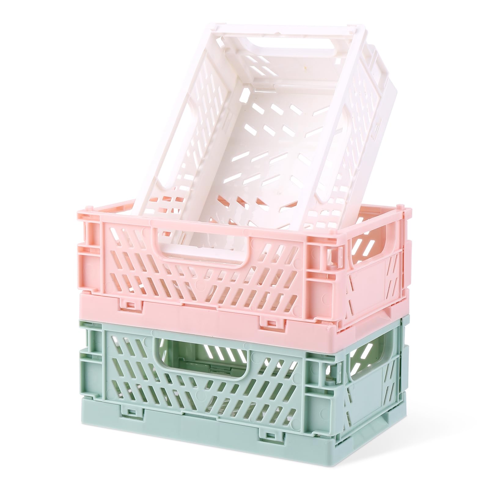 TIESOME 3 Pack Mini Plastic Baskets, Collapsible Storage Crate Pastel Crates Colorful Organizing Crates for Bedroom Office Classroom Kitchen Desktop Drawer Shelf (6 x 3.9 x 2.2in