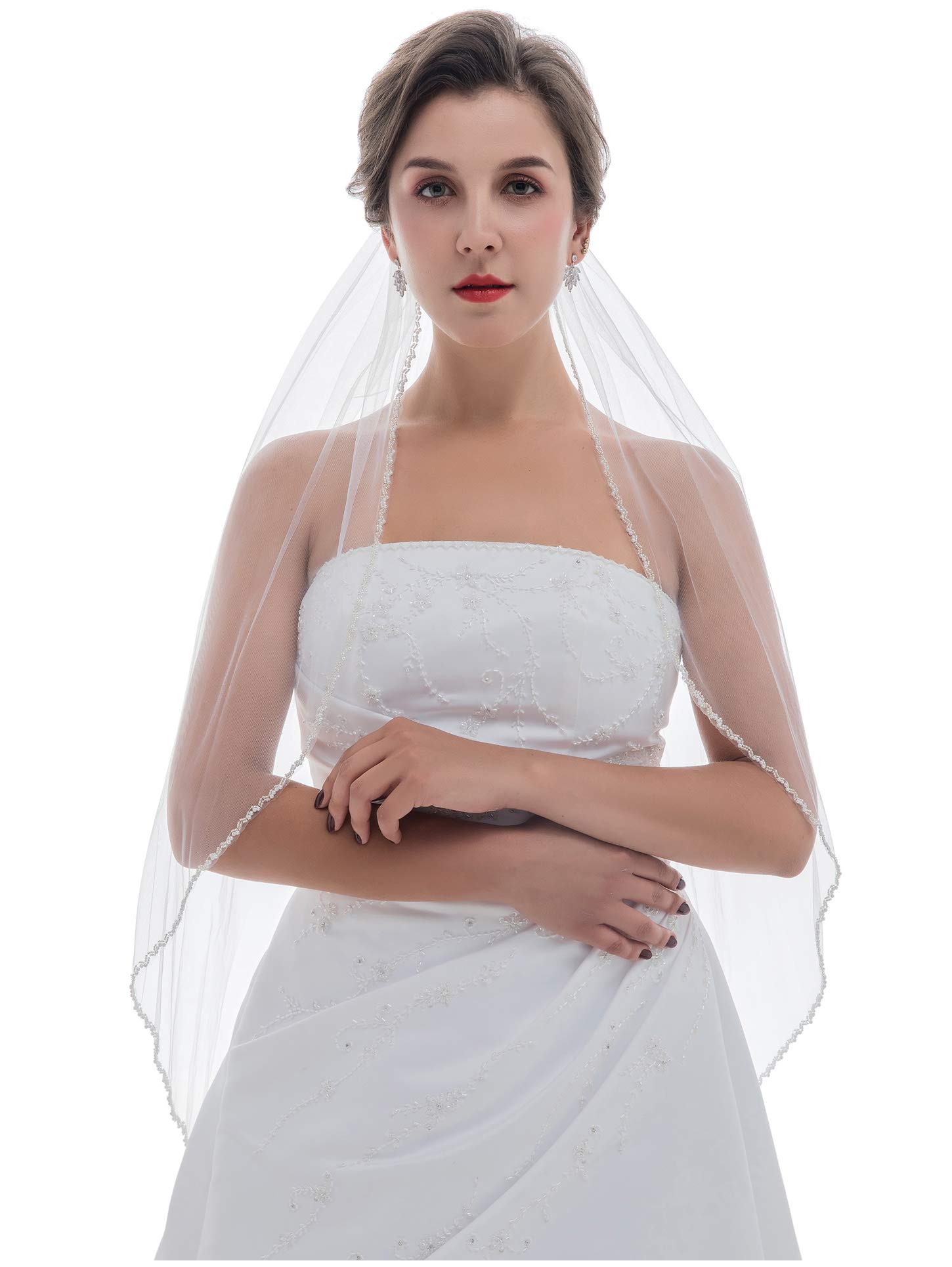 SAMKY 1T 1 Tier Double Row Wavy Pearl Crystal Edge Veil - Light Ivory Fingertip 36" V489