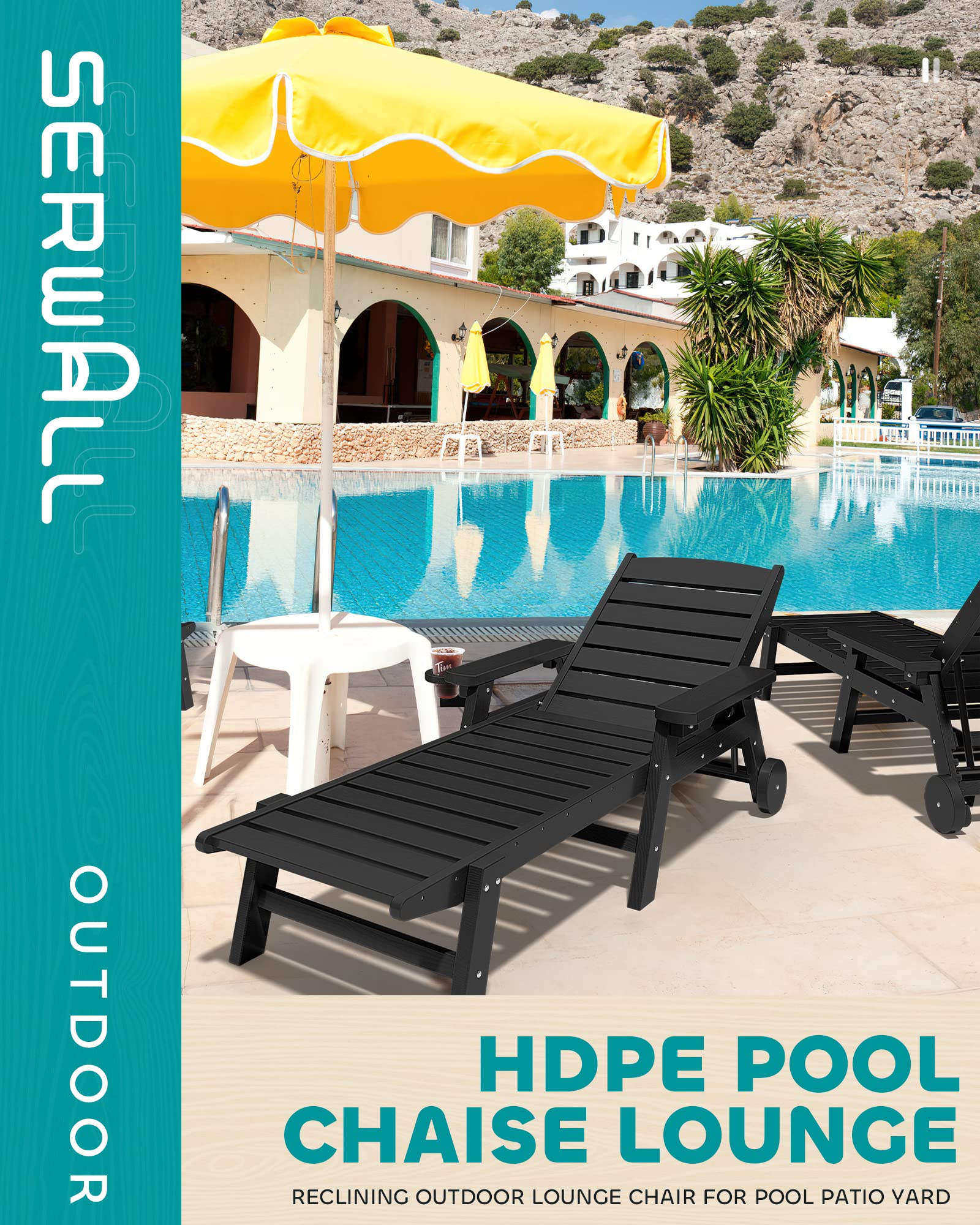 SERWALL Patio Lounge Chair for Pool, Black