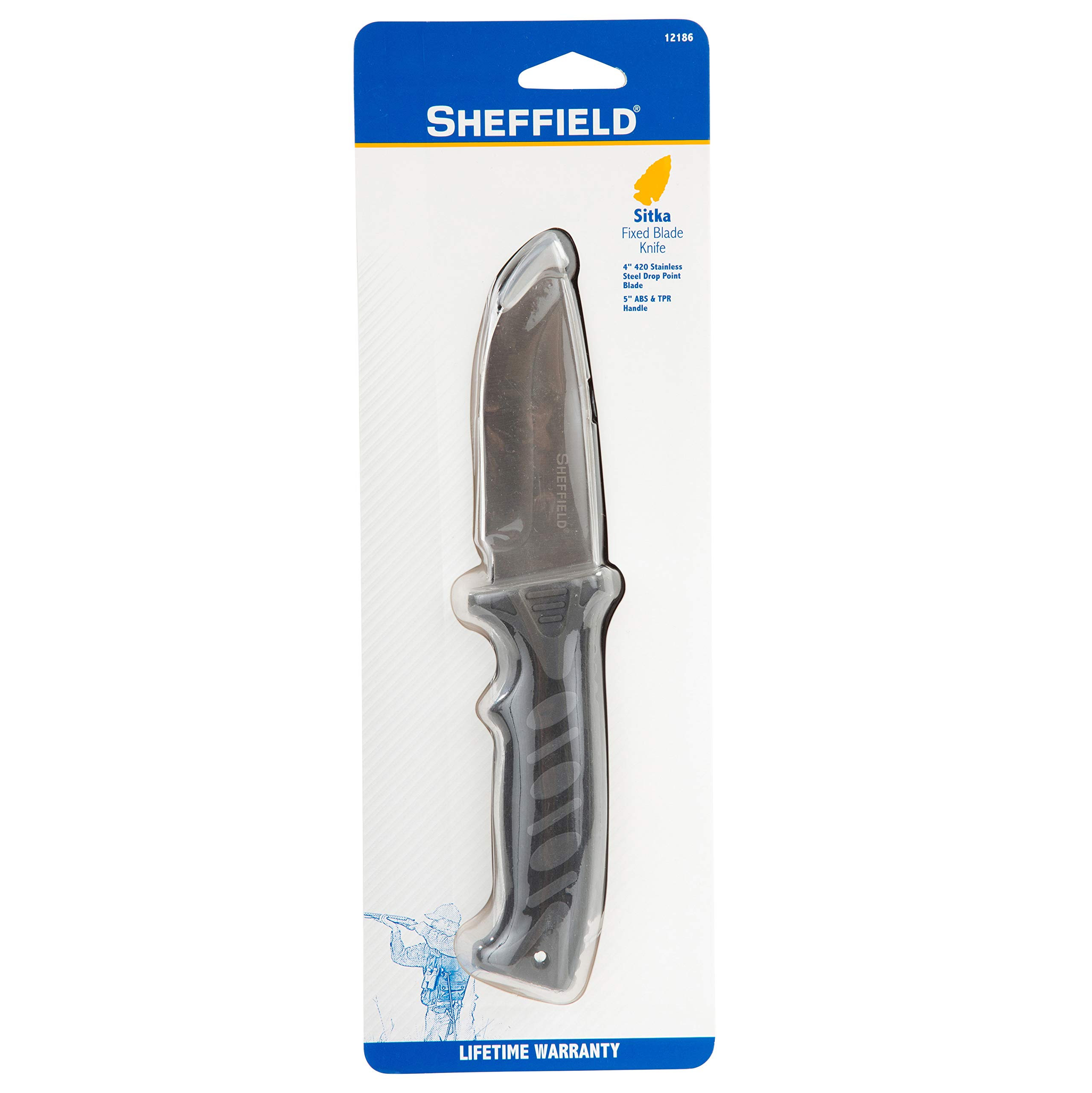 Sheffield 12186 Sitka 4 Inch Drop Point Fixed Blade Hunting Knife with Sheath, Full Tang Blade, Pocket Knife for Skinning, Self Defense, and More