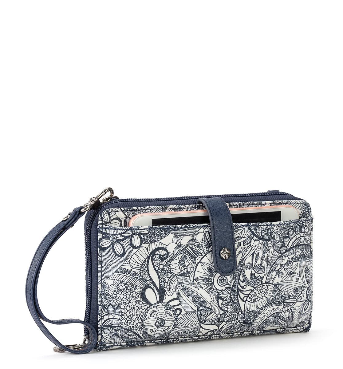 Sakroots Artist Circle Smartphone Crossbody in Coated Canvas, Detachable Wristlet Strap, Navy Spirit Desert