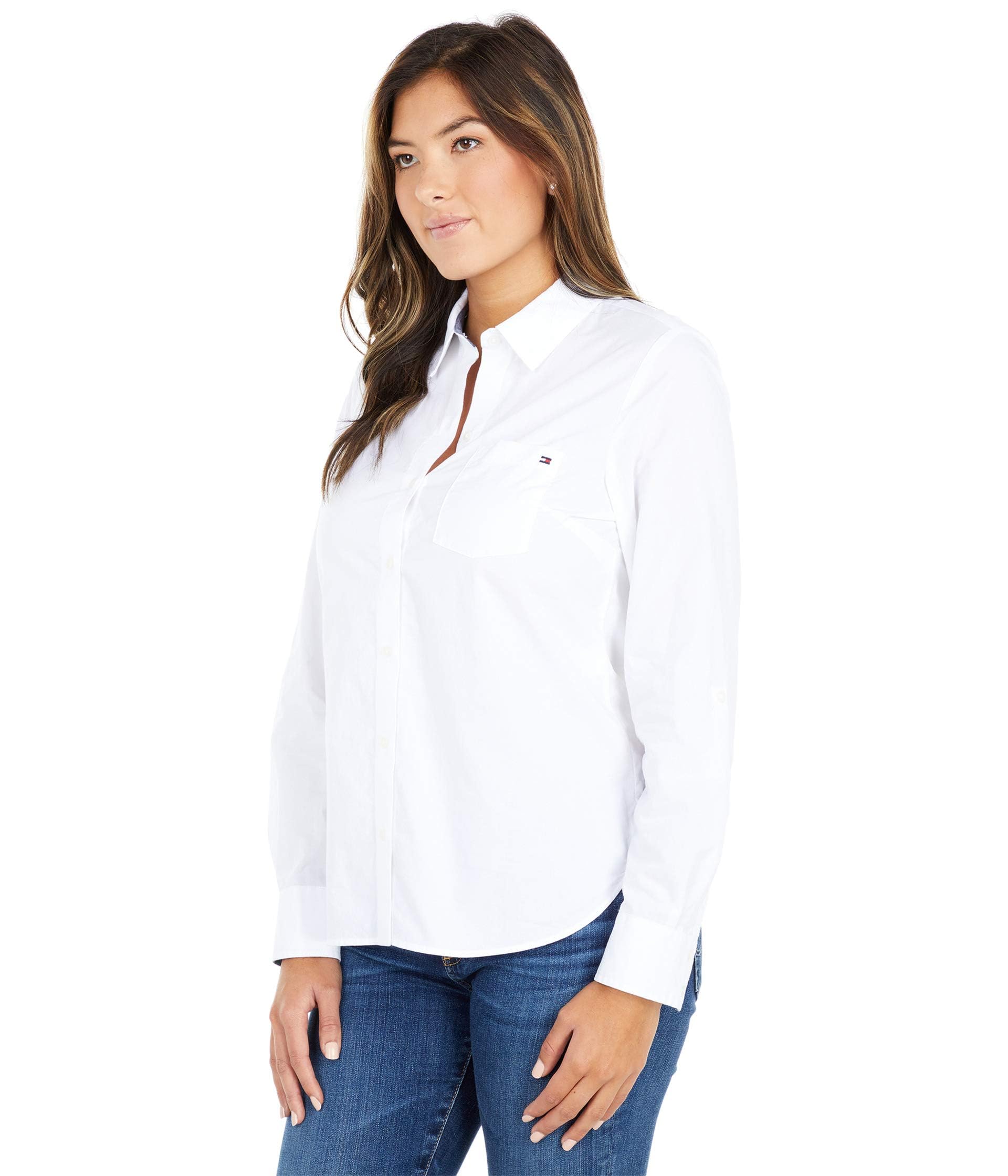 Tommy Hilfiger Women's Solid Button Collared Shirt with Adjustable Sleeves, Bright White, M