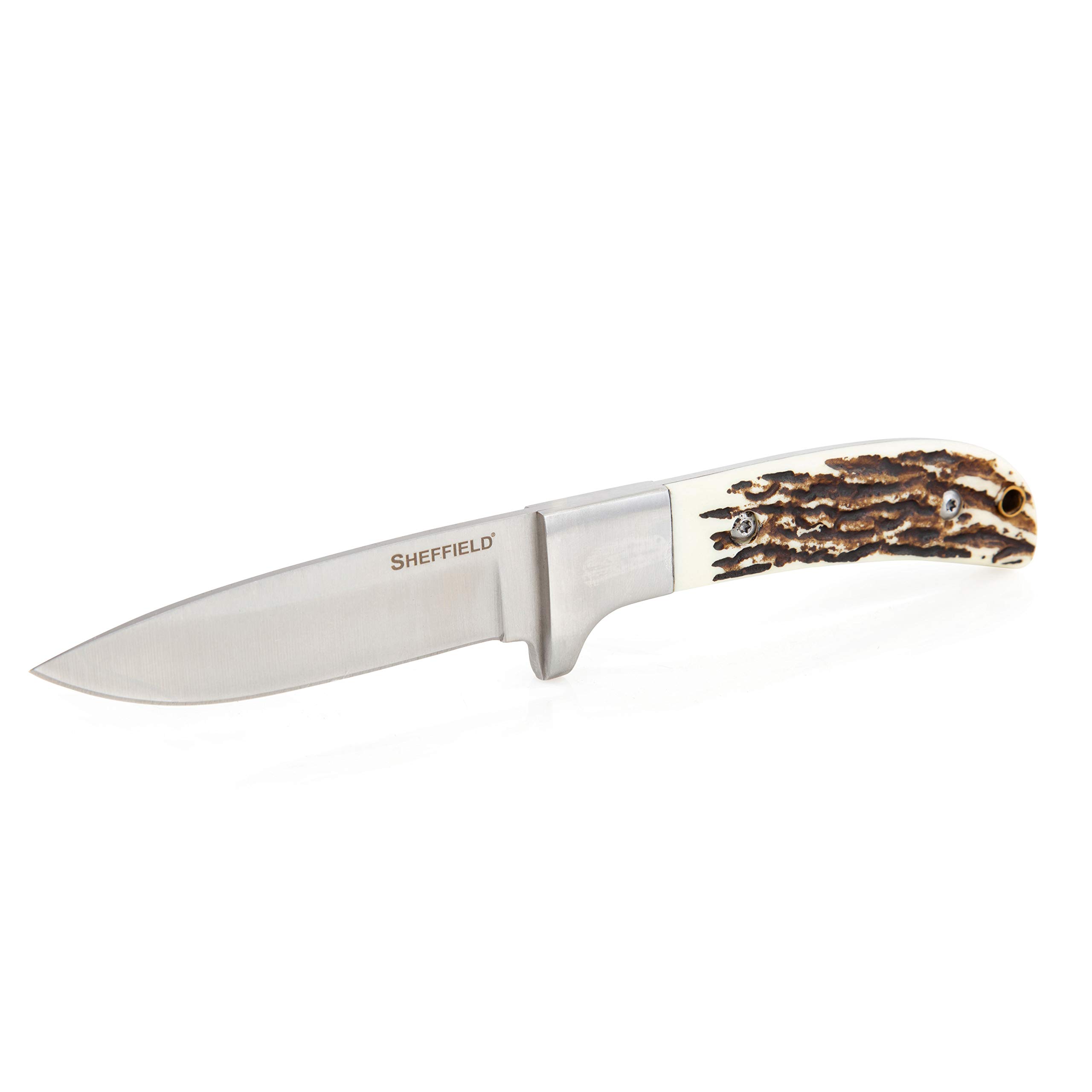 Sheffield 12190 Herod 3.75 Inch Fixed Blade Hunting Knife, 4.5 Inch Injection Stag Handle, 420 SS Drop Point Blade, Full Tang Survival Knife