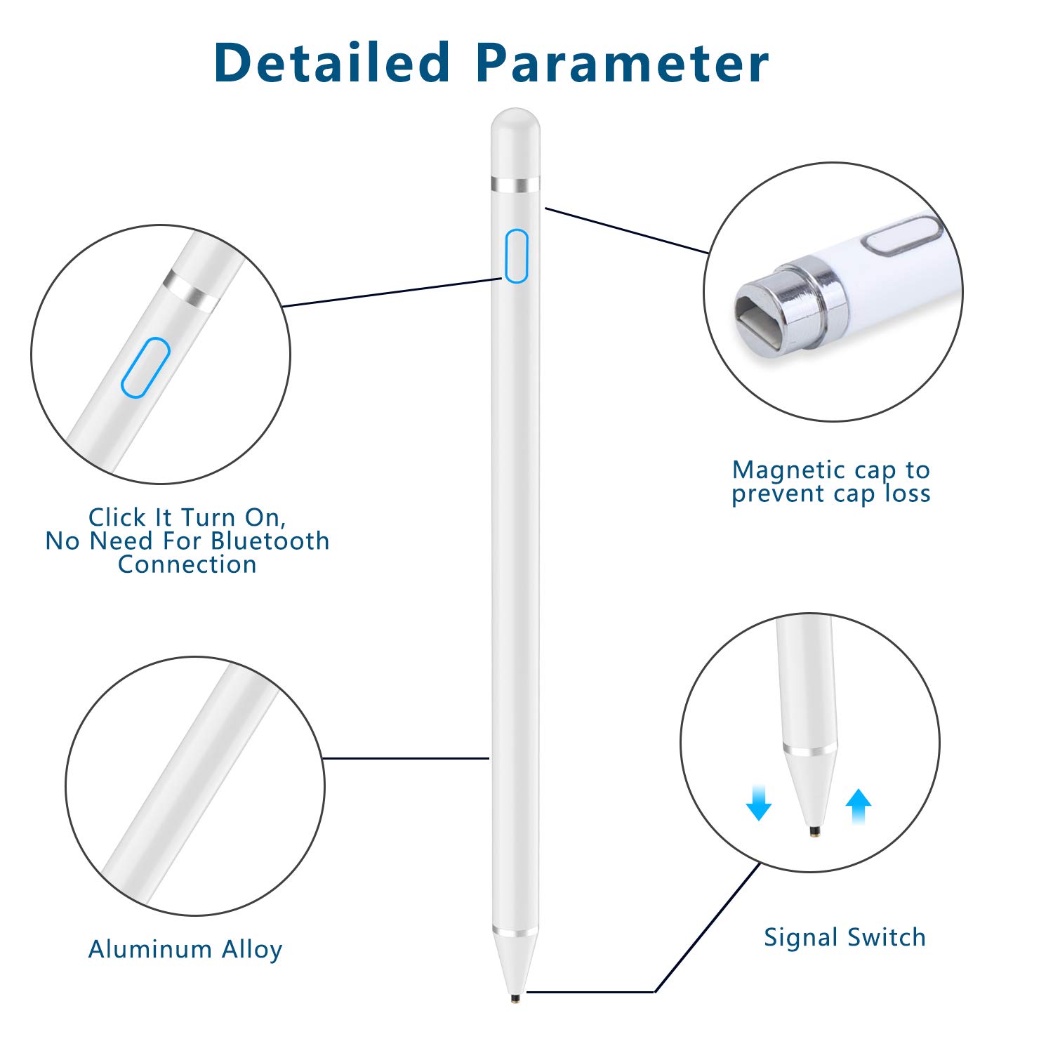 Stylus Pen Digital Pencil Fine Point Active Pen for Touch Screens, Compatible with iPhone iPad and Other Tablets (White)
